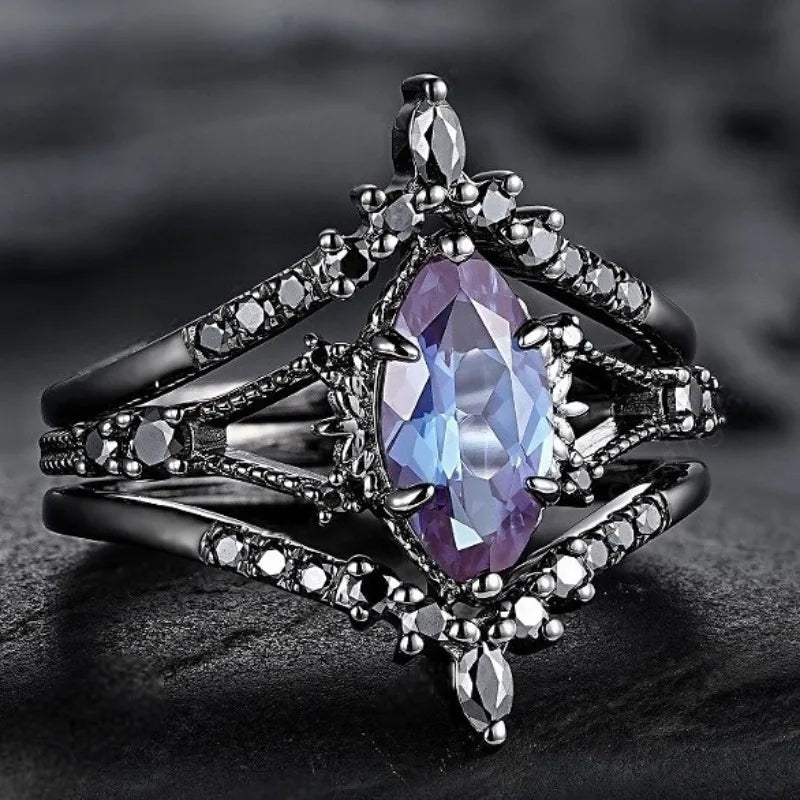 Midnight Majesty Gothic Ring Set – Black Metal & Purple Crystal ...