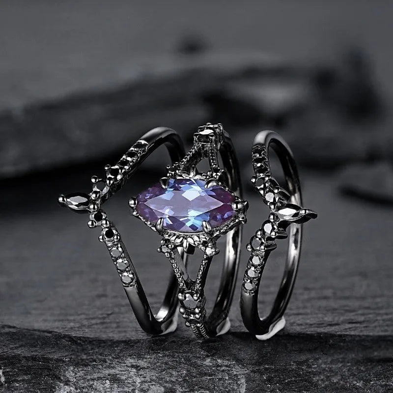Midnight Majesty Gothic Ring Set – Black Metal & Purple Crystal ...